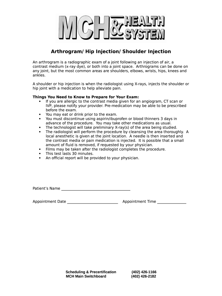 Arthrogram/ Hip Injection/ Shoulder Injection Doc Template | pdfFiller