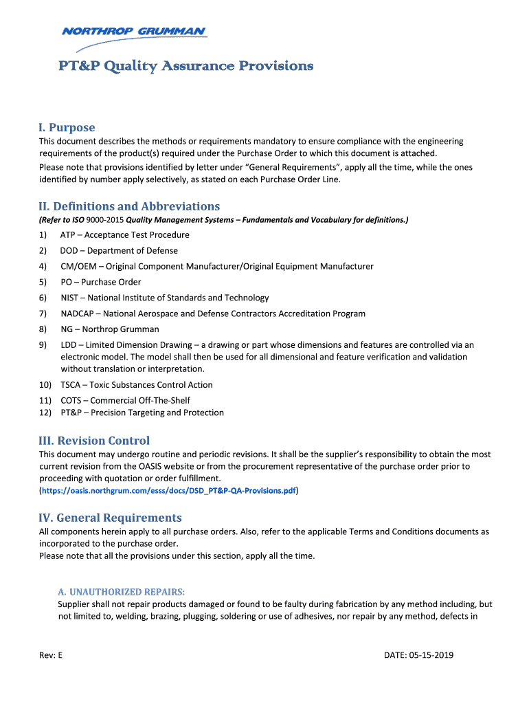 Fillable Online PT&P Quality Assurance Provisions - Northrop Grumman Fax Email Print - pdfFiller