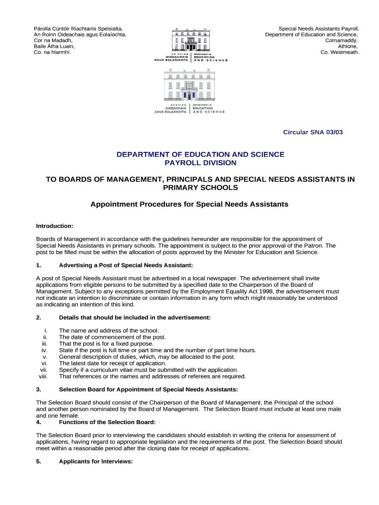 Circular 03 03 Appointment Procedures For Special Needs Assistants In 