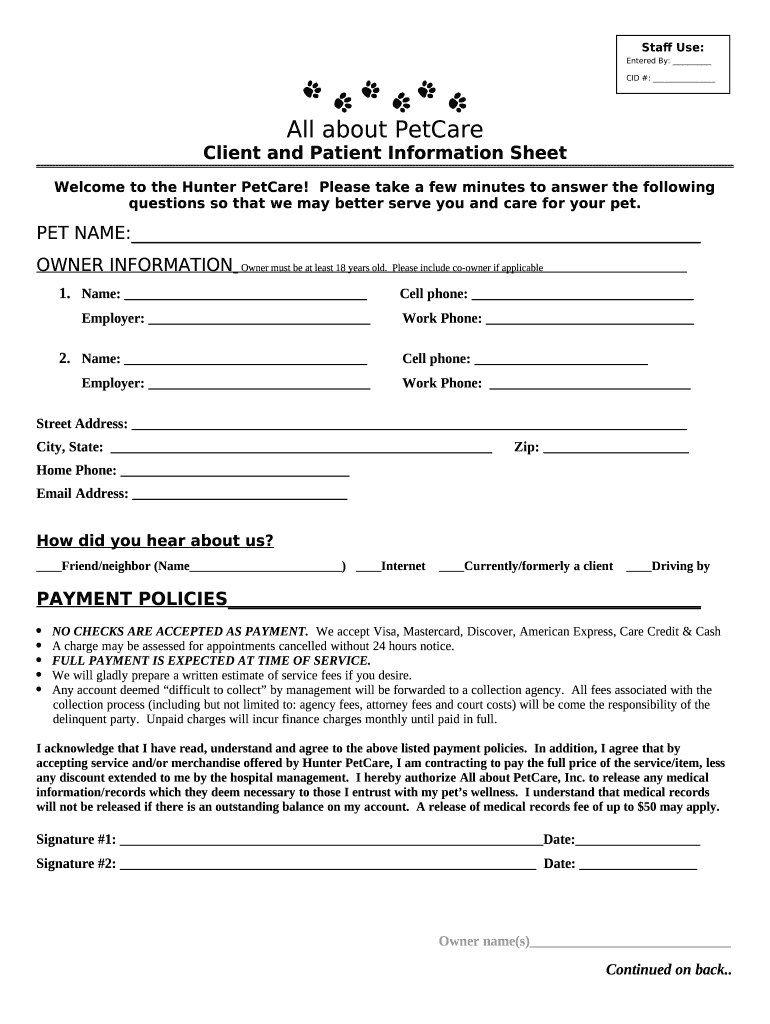 Client and Patient Ination Sheet PET ... - Hunter PetCare Doc Template | pdfFiller