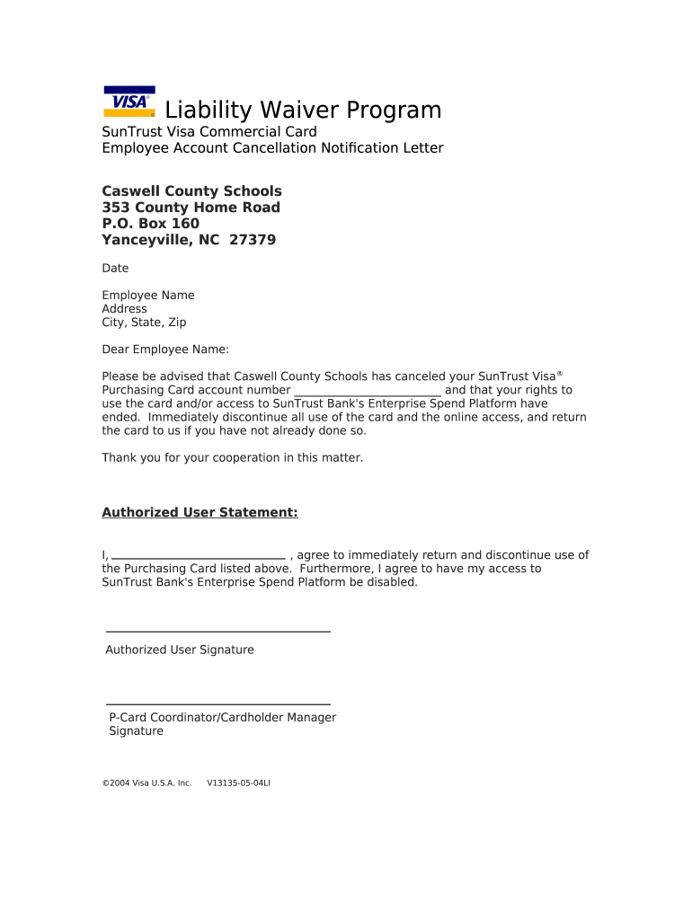 Visa Liability Waiver Program Sample Employee Account Cancellation ...