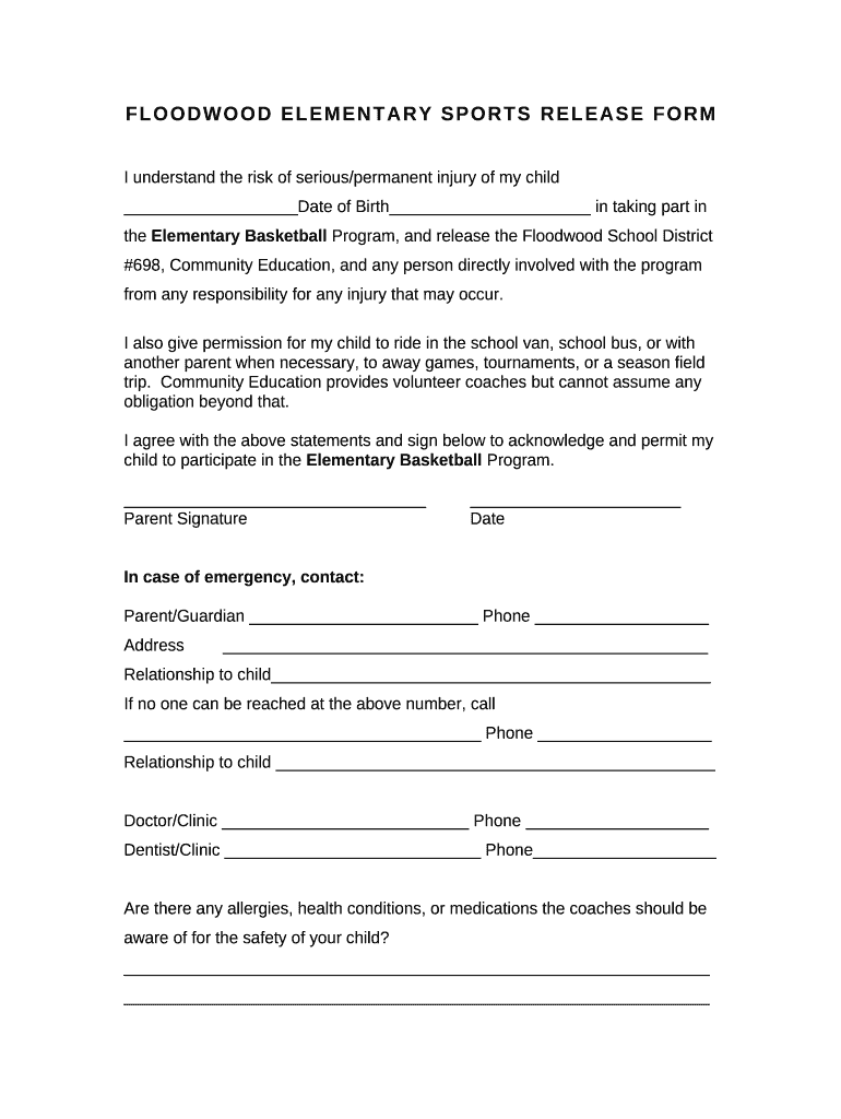 FLOODWOOD Elementary Sports Program RELEASE Doc Template | pdfFiller