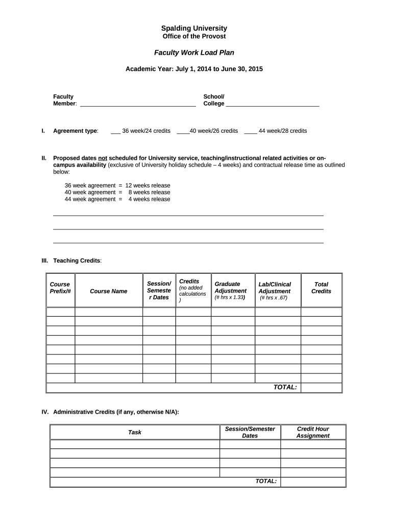 Faculty Work Load Plan Doc Template | pdfFiller
