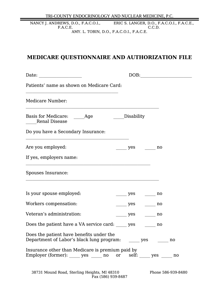 MEDICARE QUESTIONNAIRE AND AUTHORIZATION FILE Doc Template | pdfFiller