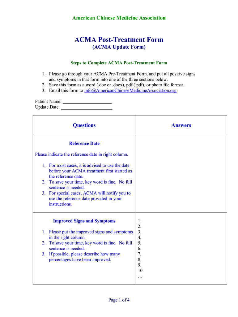 Fillable Online ACMA Post-Treatment Form - American Chinese Medicine ... Fax Email Print - pdfFiller