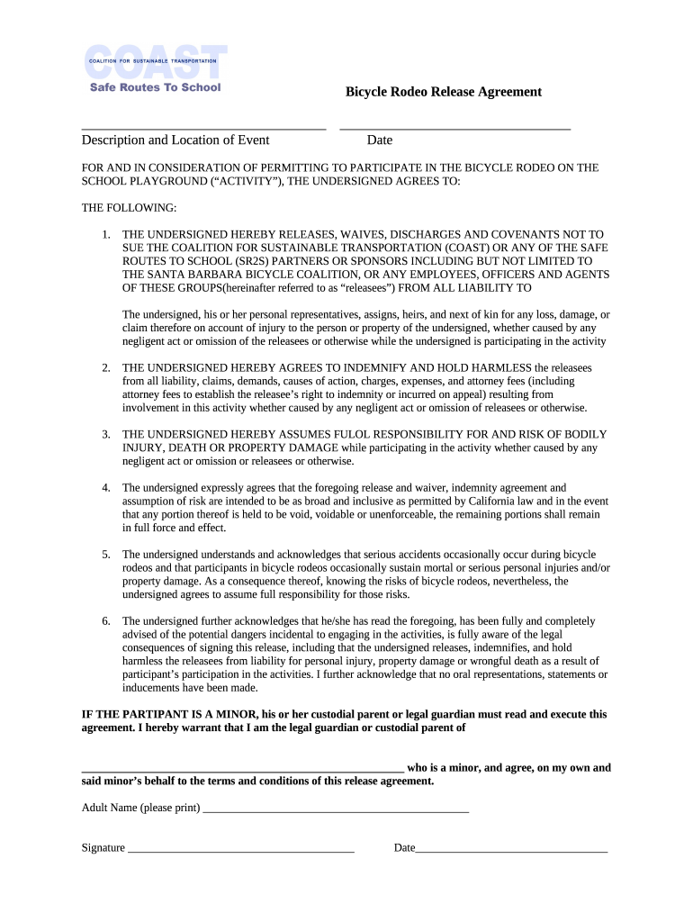 Bicycle Rodeo Release Agreement Doc Template | pdfFiller