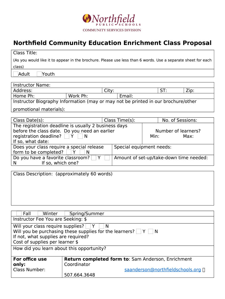 Northfield Public Schools Community Education Class Data Sheet Doc ...