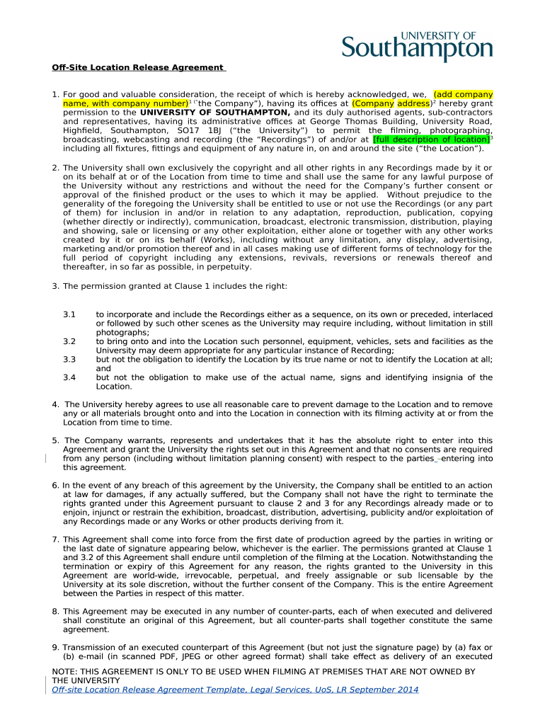 Off-Site Location Release Agreement Doc Template | pdfFiller