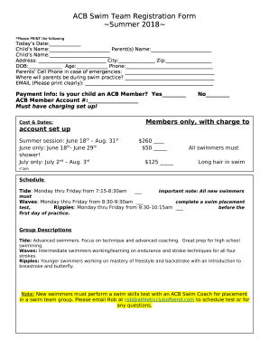 ACB Swim Team Registration Doc Template | pdfFiller
