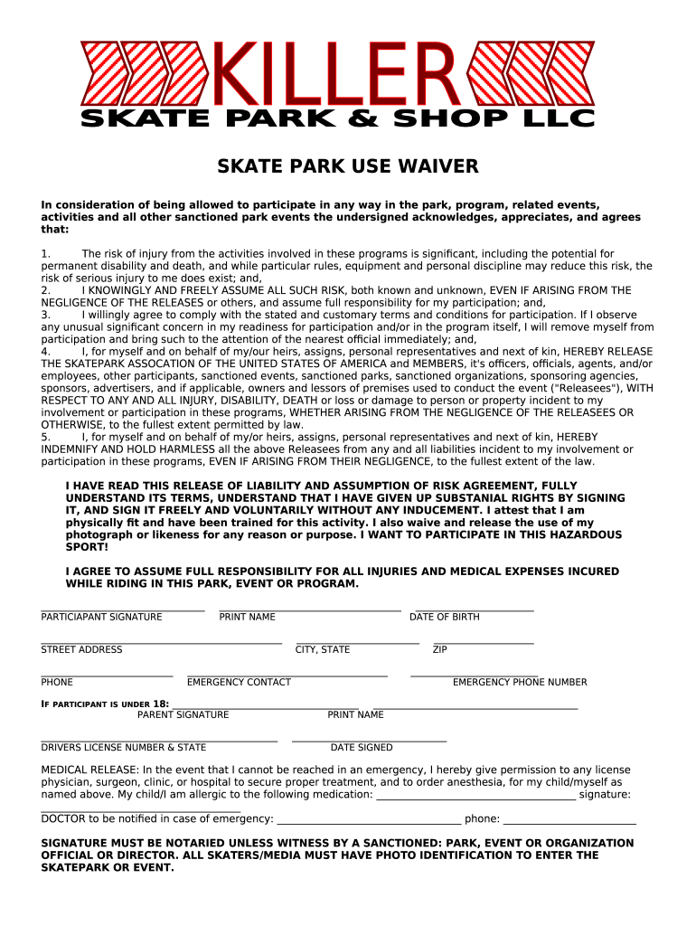 SKATE PARK USE WAIVER Doc Template | pdfFiller