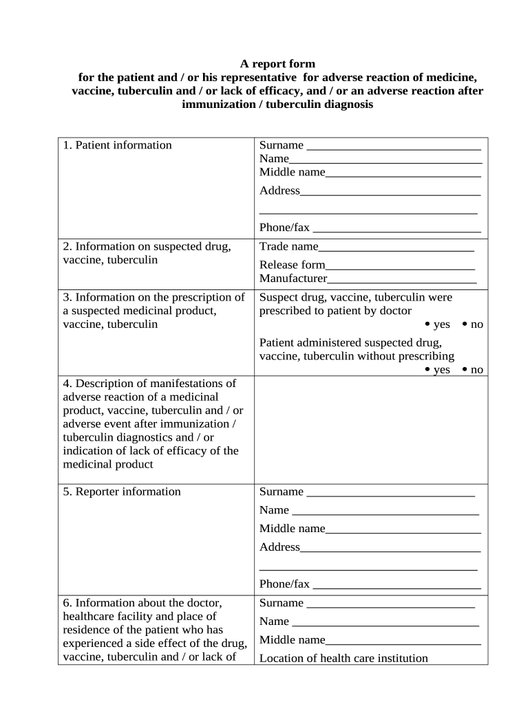 REPORT ON ADVERSE REACTION TO MEDICINAL PRODUCT ... Doc Template ...