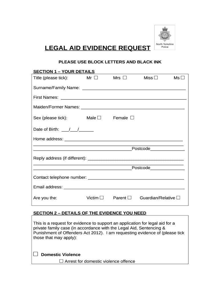 Legal Aid Evidence Request Form - Blank Fillable Template | Fill Out ...