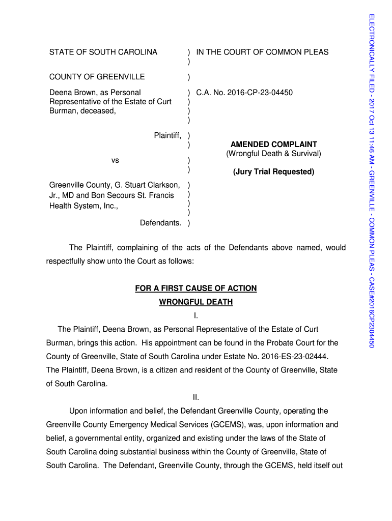 Fillable Online Sample Pleading Template - Greenville County Fax Email ...