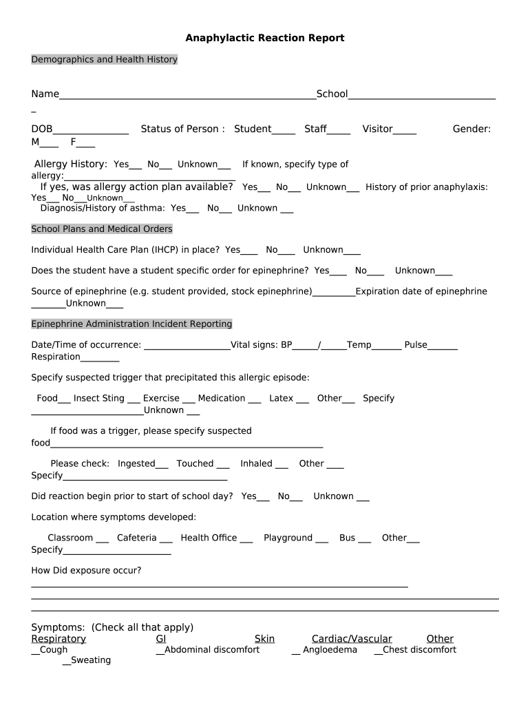 Anaphylactic Reaction Report Doc Template | pdfFiller