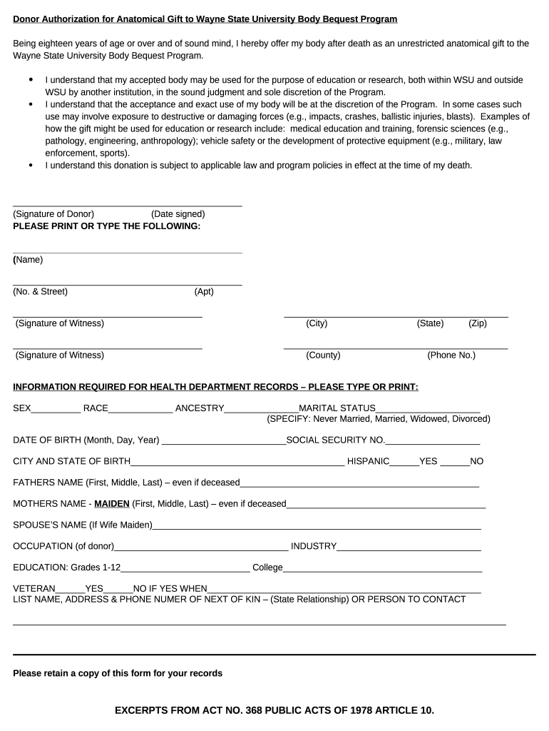 Donor Authorization for Anatomical Gift to Wayne State ... Doc Template ...