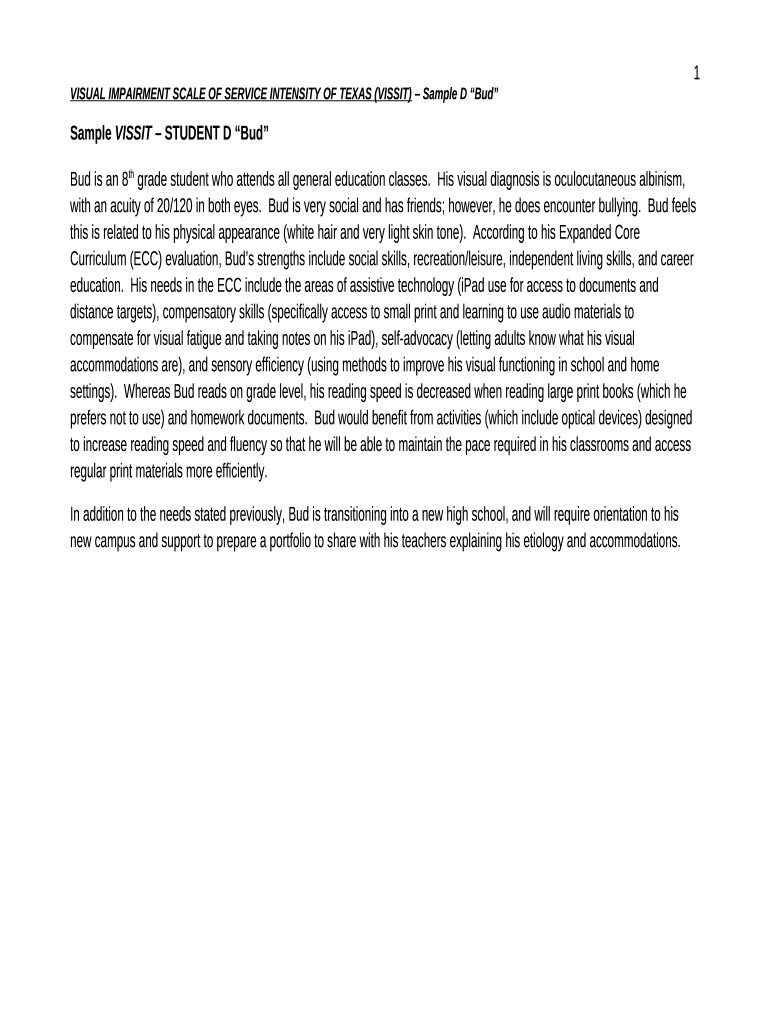 Sample VISSIT - STUDENT D "Bud" Doc Template | pdfFiller