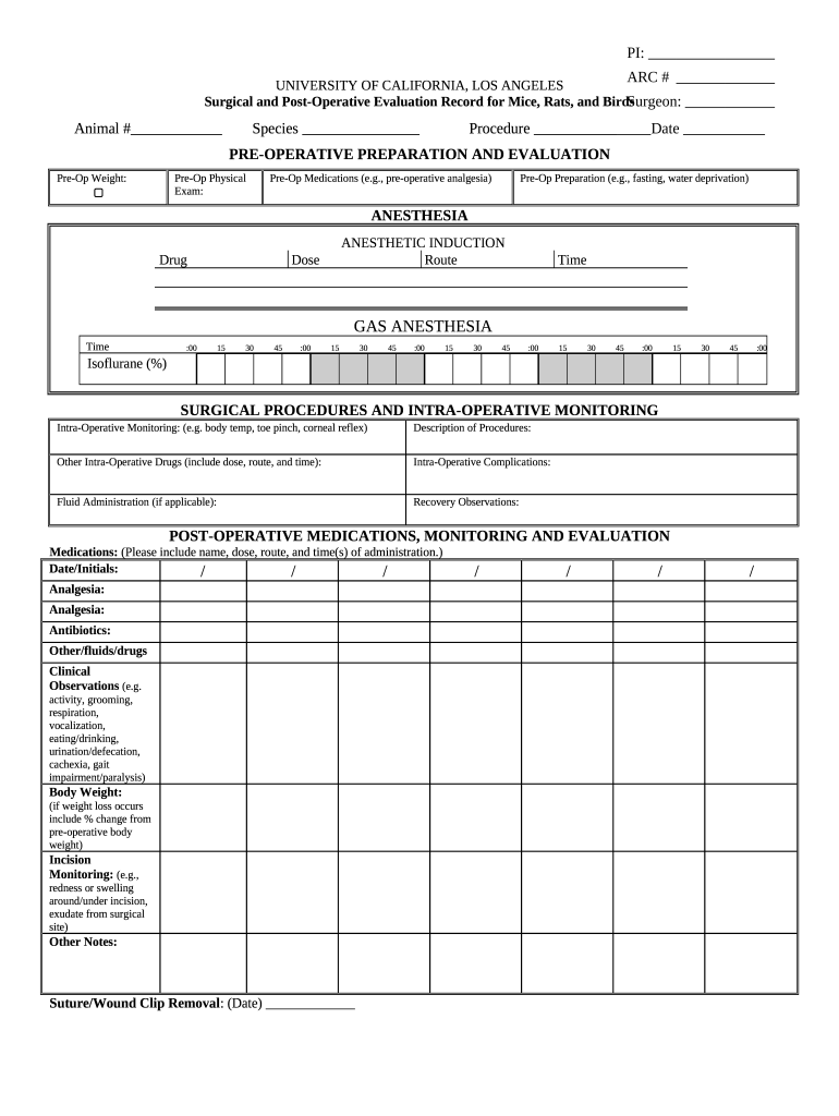 Surgical and Post-Operative Evaluation Record for Mice, Rats, and Birds ...