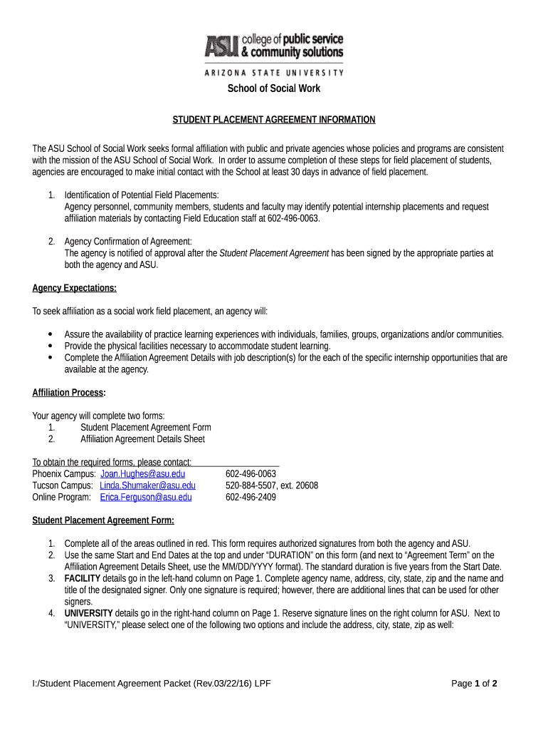 Student Placement Agreement Packet - ASU School of Social ... Doc ...