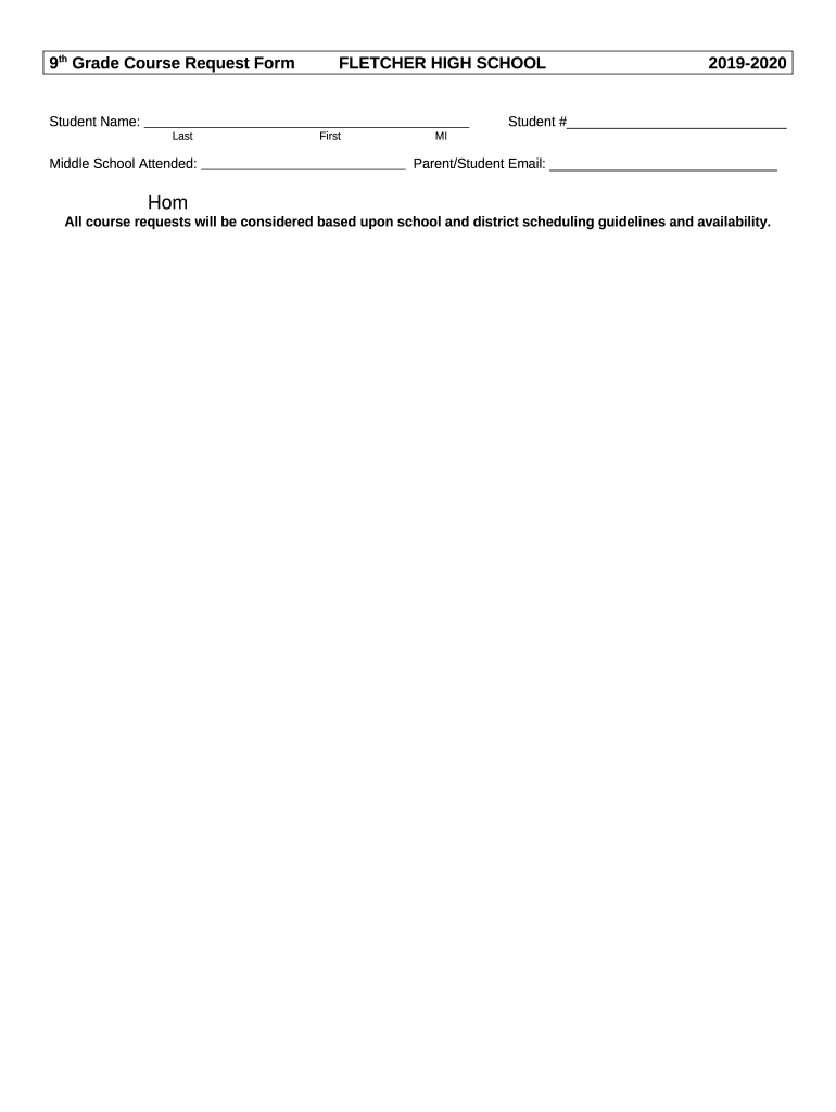 9th Grade Course Request FLETCHER HIGH SCHOOL2019 2020 Doc Template