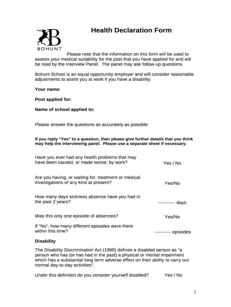 HEALTH DECLARATION Please Return Prior To Your Interview Doc Template ...