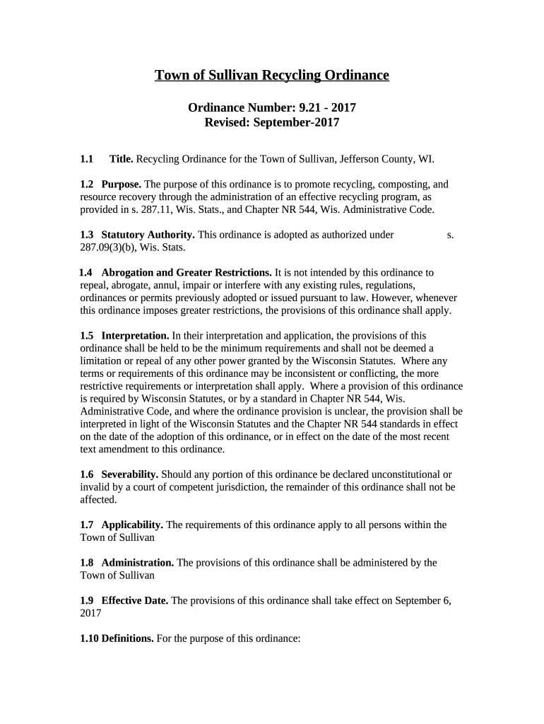 Sample Responsible Unity Recycling Ordinance. Sample ordinance for use ...