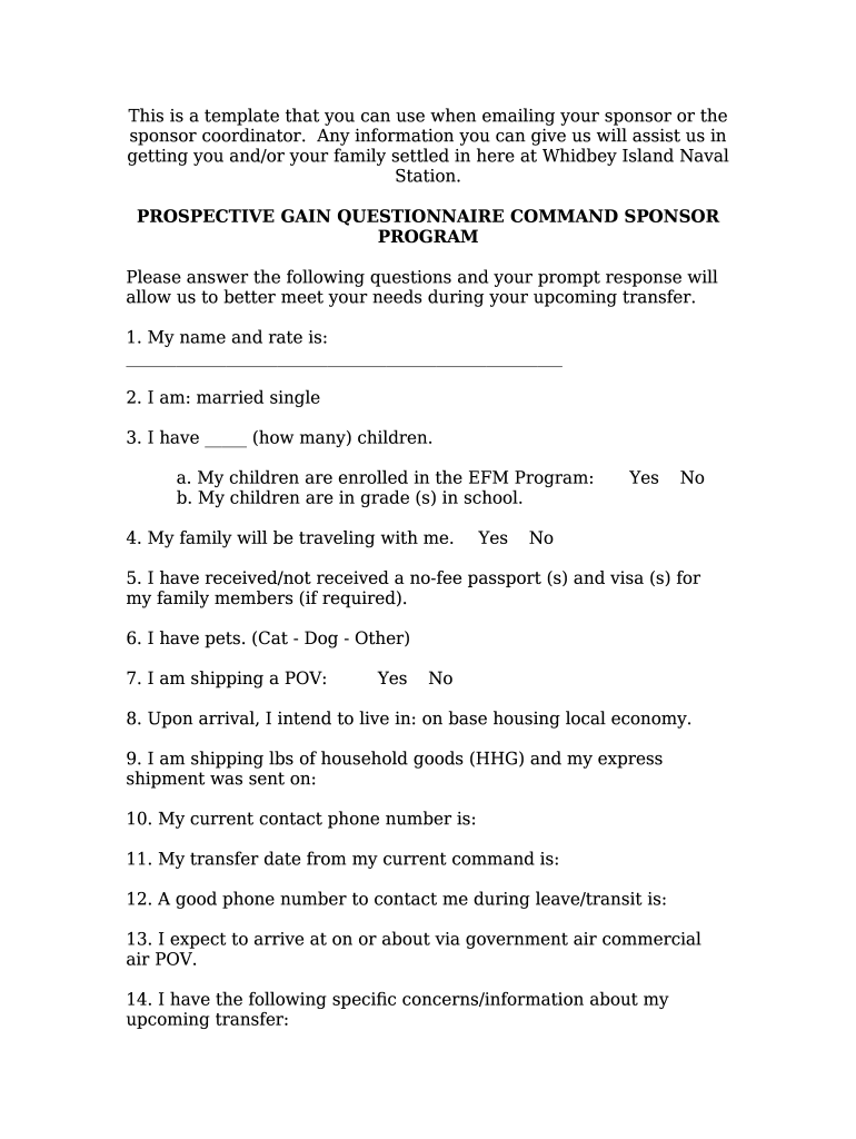 PROSPECTIVE GAIN QUESTIONNAIRE COMMAND SPONSOR PROGRAM Doc Template ...