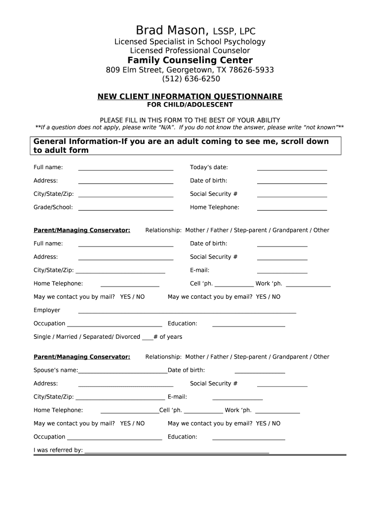 Brad Mason, LSSP, LPC Doc Template | pdfFiller