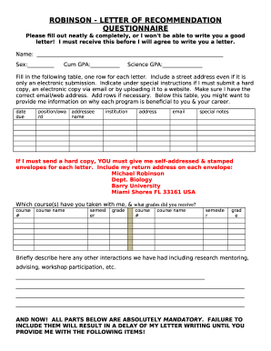 LETTER OF RECOMMENDATION QUESTIONNAIRE Doc Template | pdfFiller