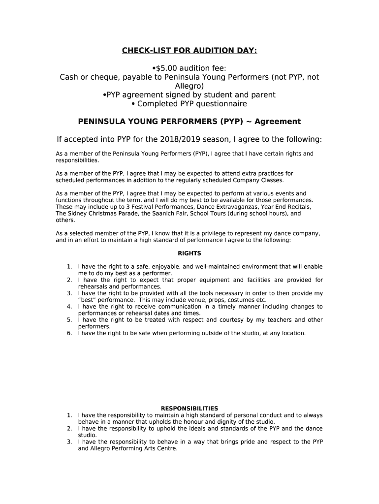 CHECK-LIST FOR AUDITION DAY: Doc Template | pdfFiller