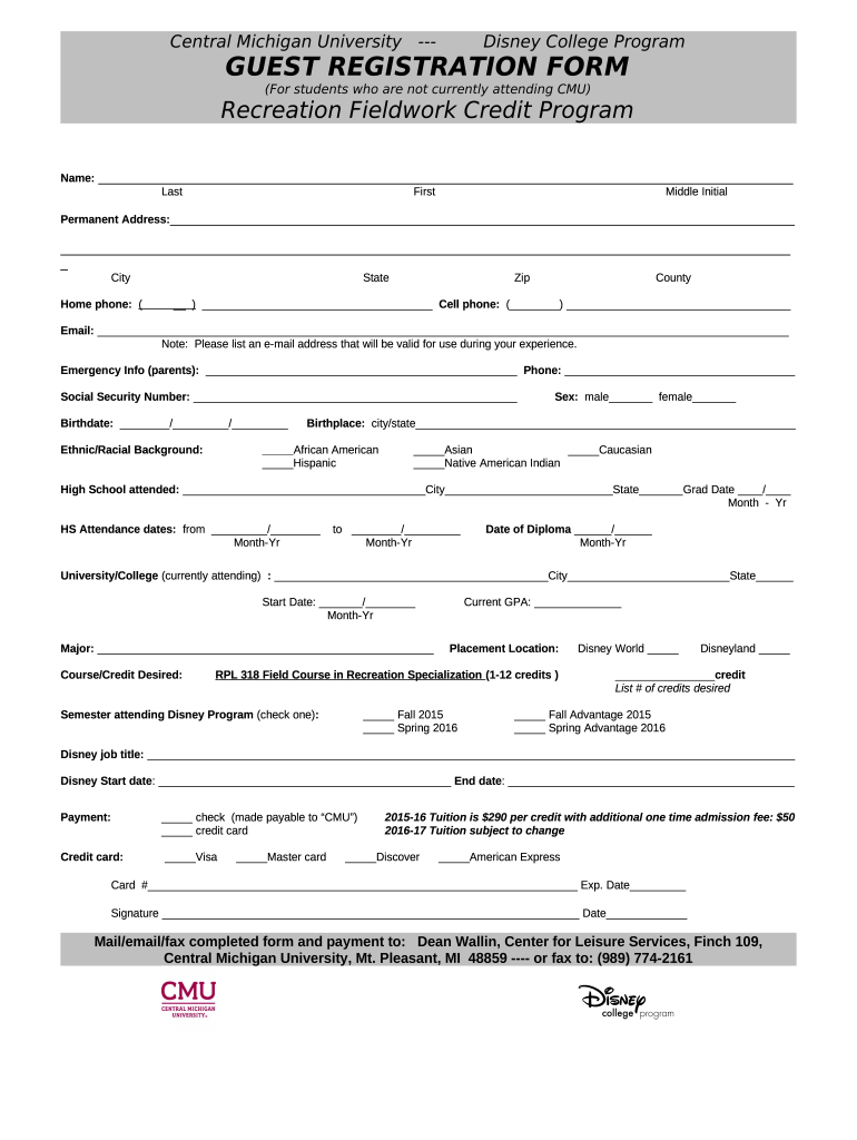 Disney Registration Application Doc Template | pdfFiller