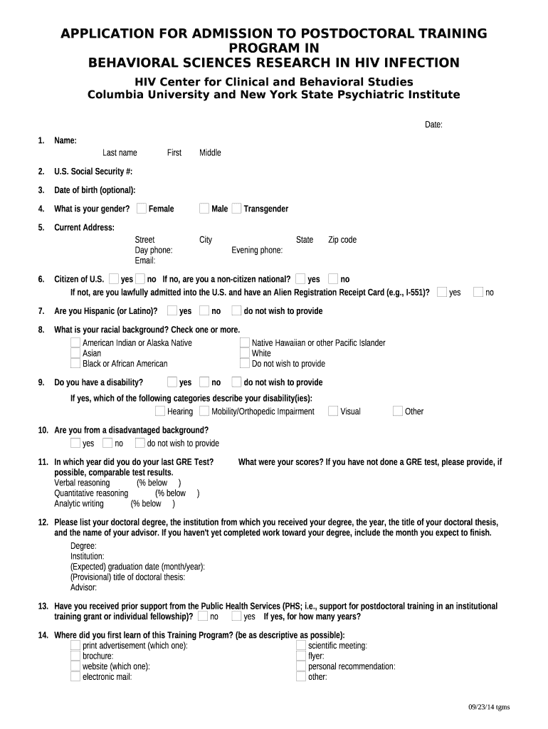 APPLICATION FOR ADMISSION TO POSTDOCTORAL TRAINING PROGRAM IN Doc Template | pdfFiller