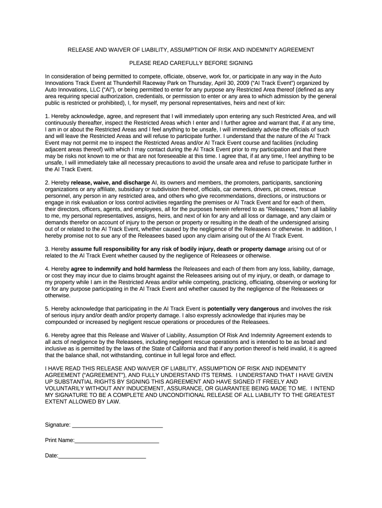 LIABILITY RELEASE, ASSUMPTION OF RISK, INDEMNITY AND ... Doc Template ...