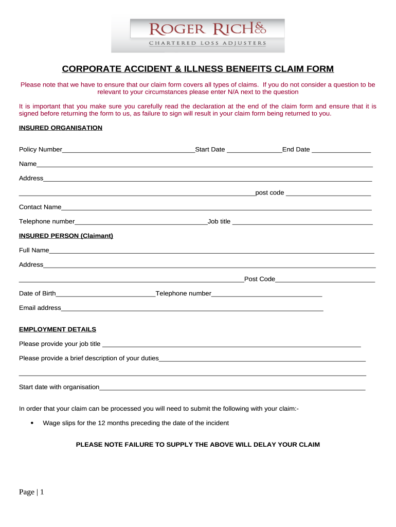 CORPORATE ACCIDENT & ILLNESS BENEFITS CLAIM Doc Template | pdfFiller