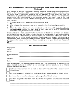 New and Expectant Mothers at Work Risk Assessment . General policies ...