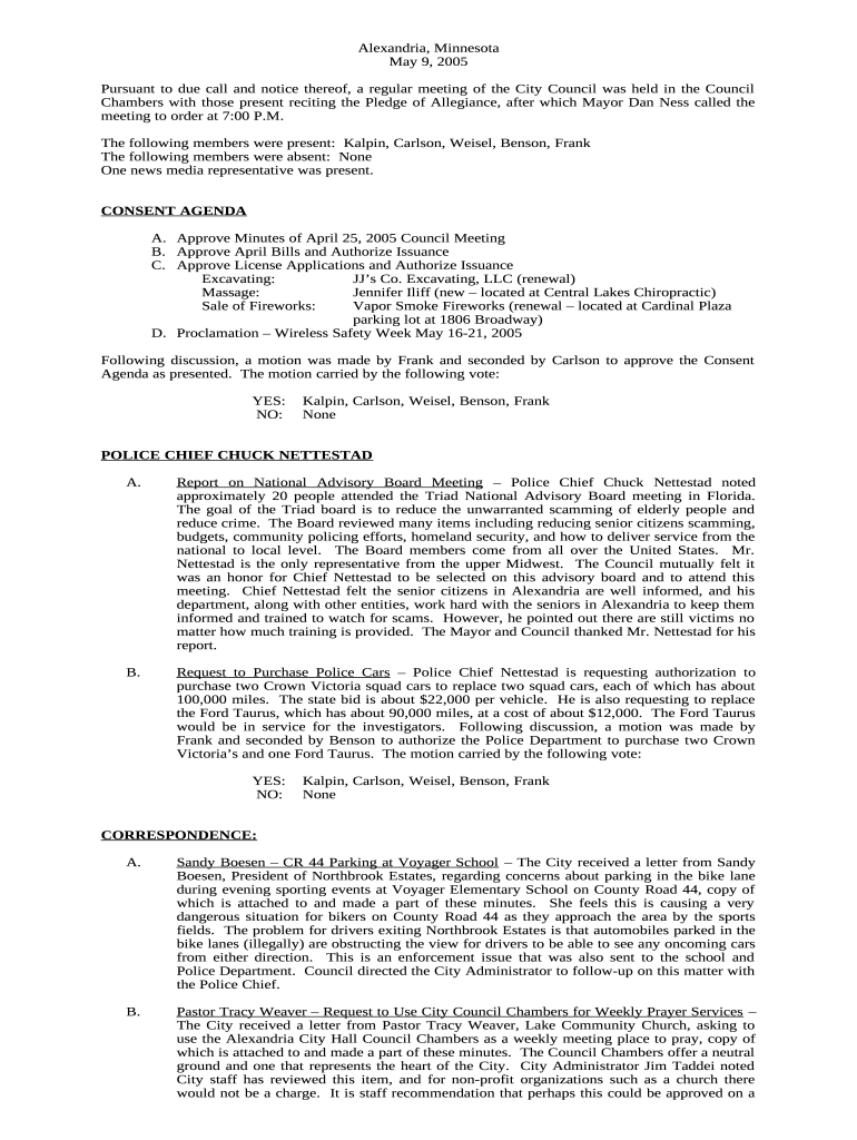 consent agenda - Alexandria, Minnesota Doc Template | pdfFiller