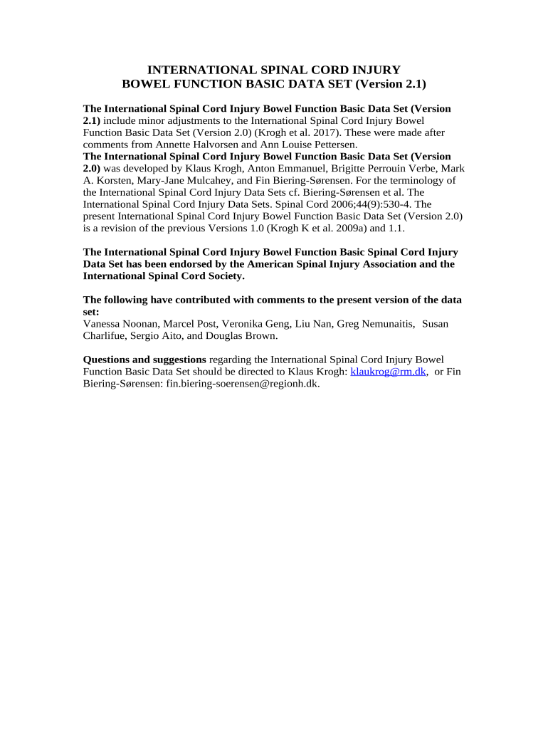 International Sci Bowel Function Basic Data Set Version 21 Doc 9904