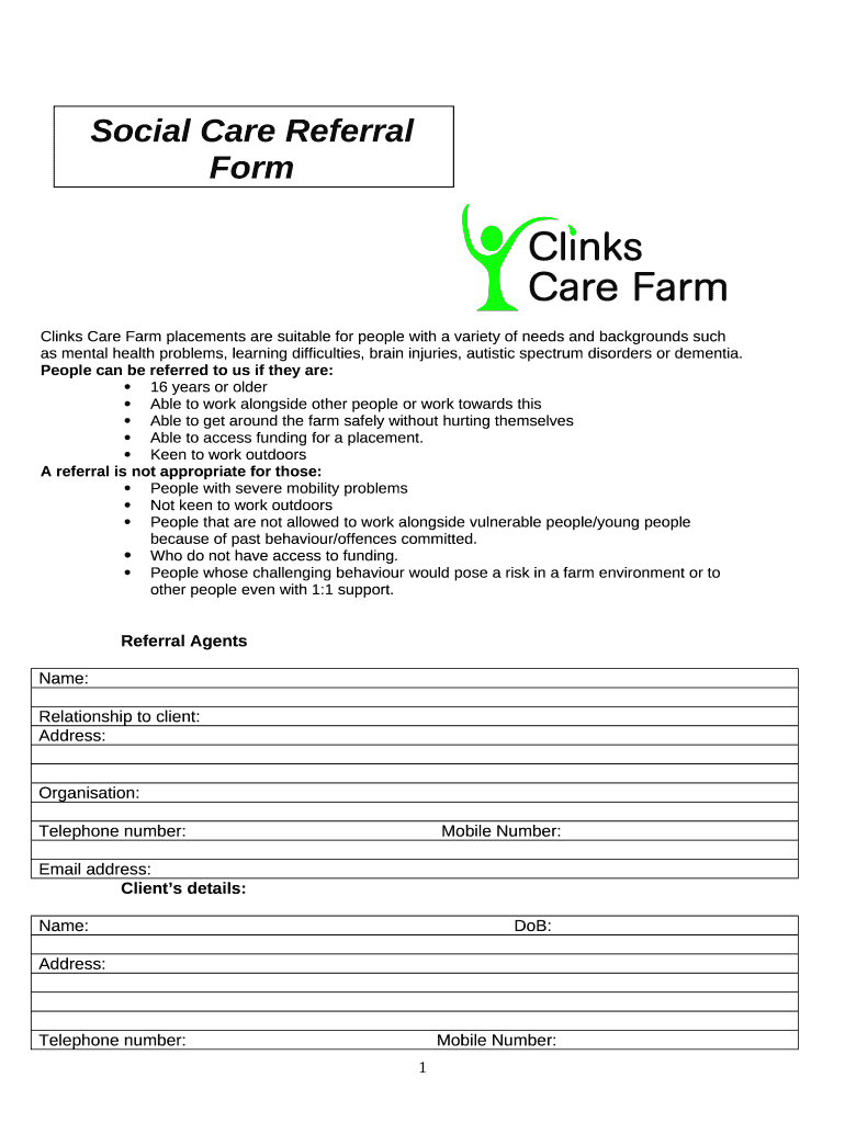 Social Care Referral - Clinks Care Farm Doc Template | pdfFiller