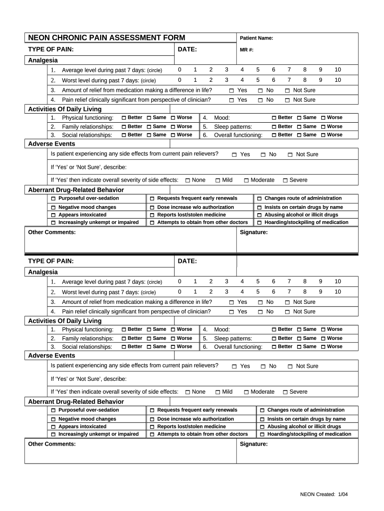 NEON CHRONIC PAIN ASSESSMENT Doc Template | pdfFiller