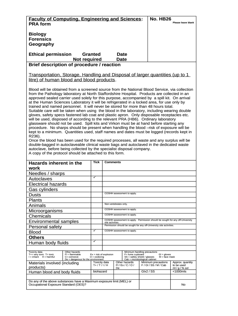 Division of Biology - Procedural risk assessment Doc Template | pdfFiller