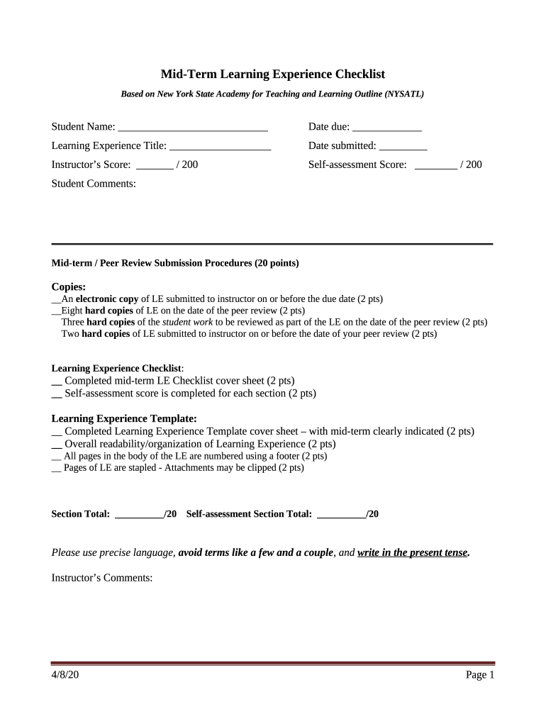 Mid-Term Learning Experience Checklist Doc Template | pdfFiller