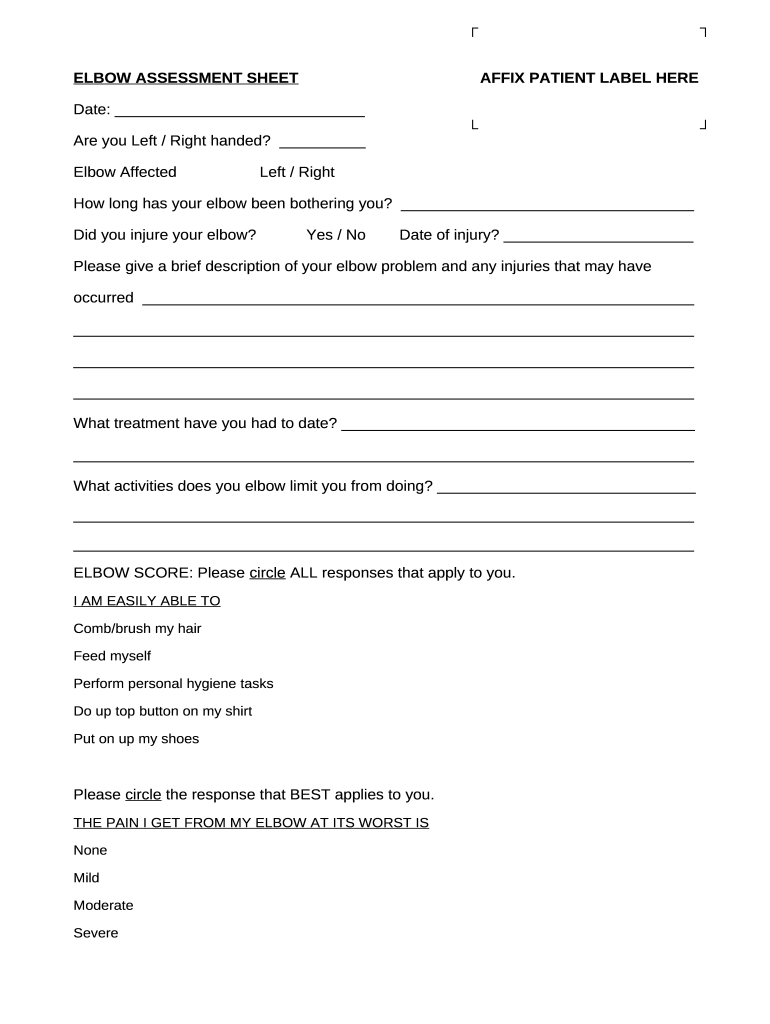 ELBOW ASSESSMENT SHEET - Dr Jonathan Herald Doc Template | pdfFiller