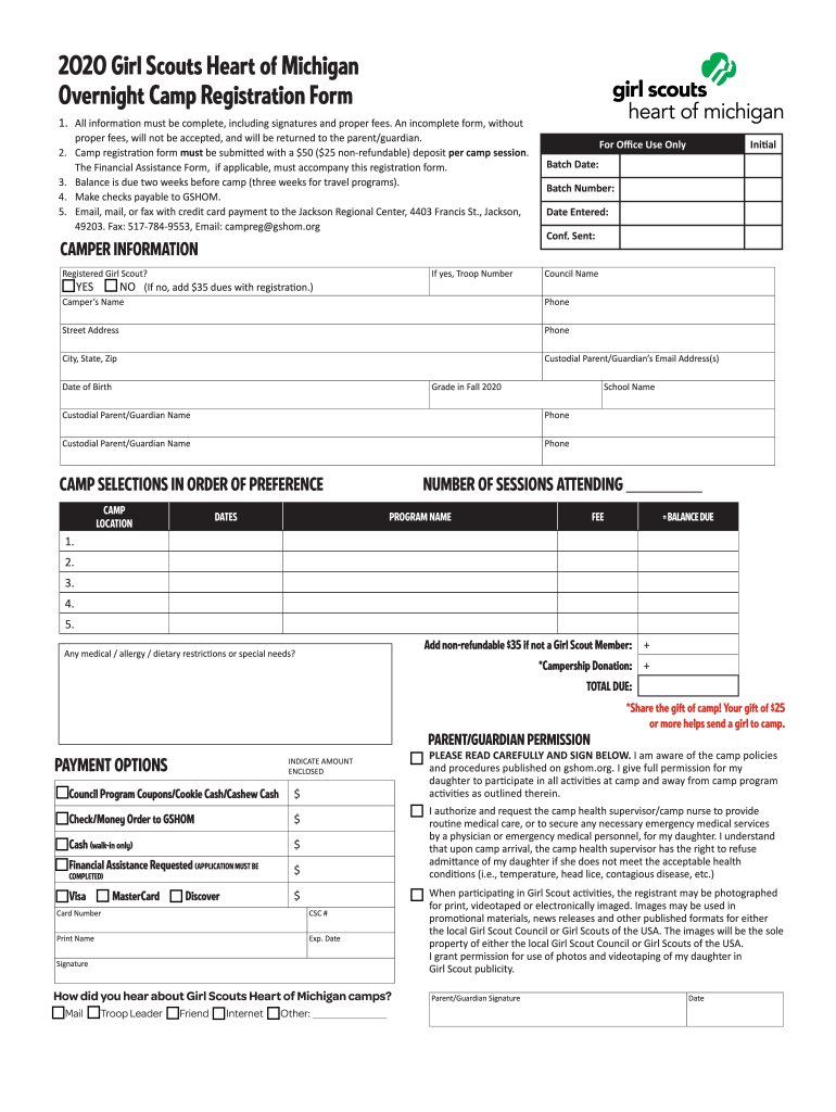Fillable Online 2020 Summer Camp Forms and InformationGirl Scouts of ...