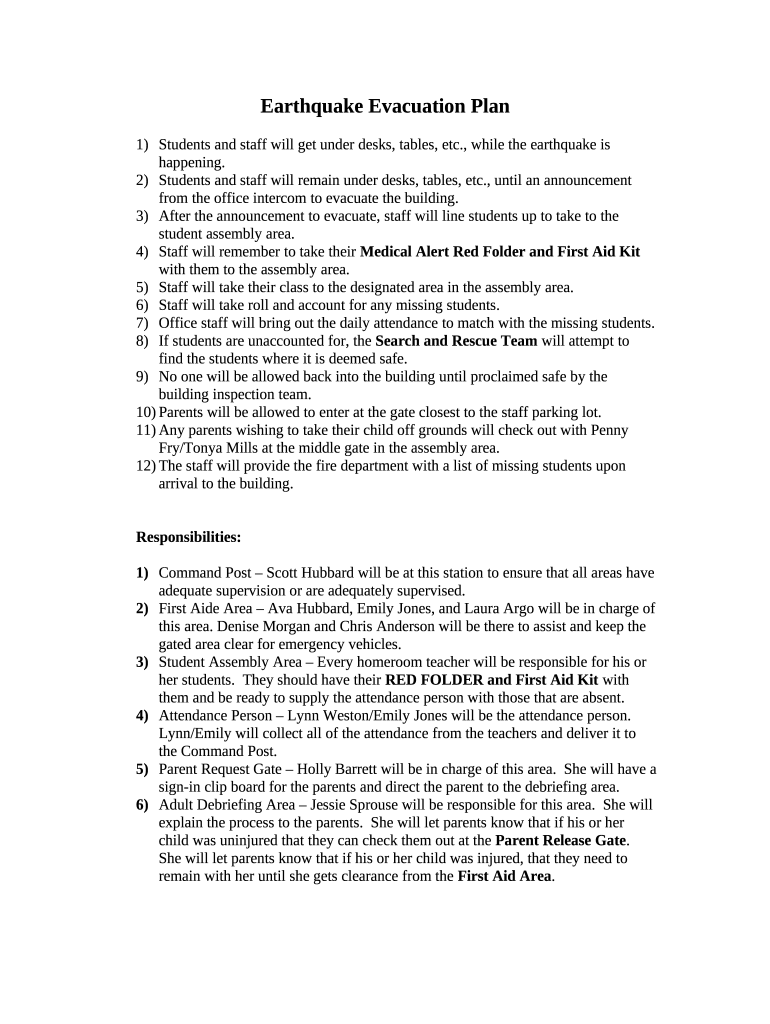 Earthquake Evacuation Plan Doc Template | pdfFiller