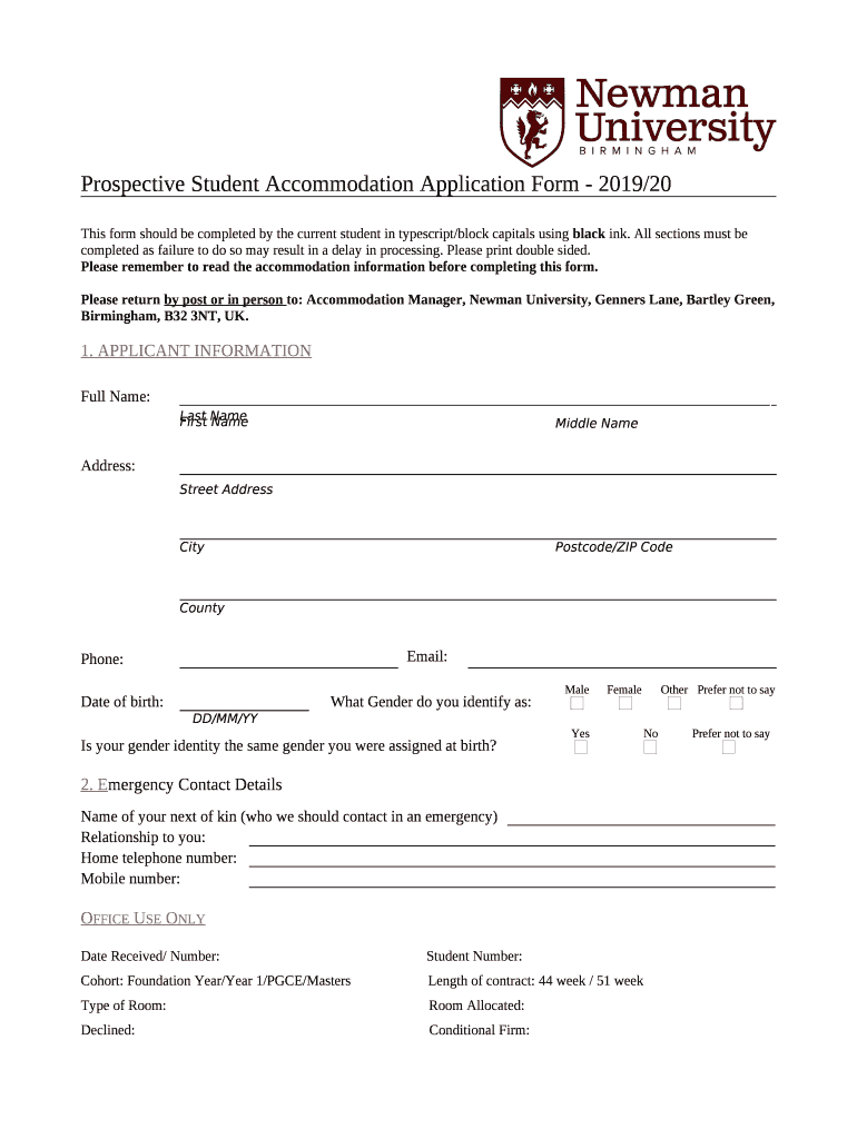 Prospective Student Accommodation Application - 2019/20 Doc Template | pdfFiller