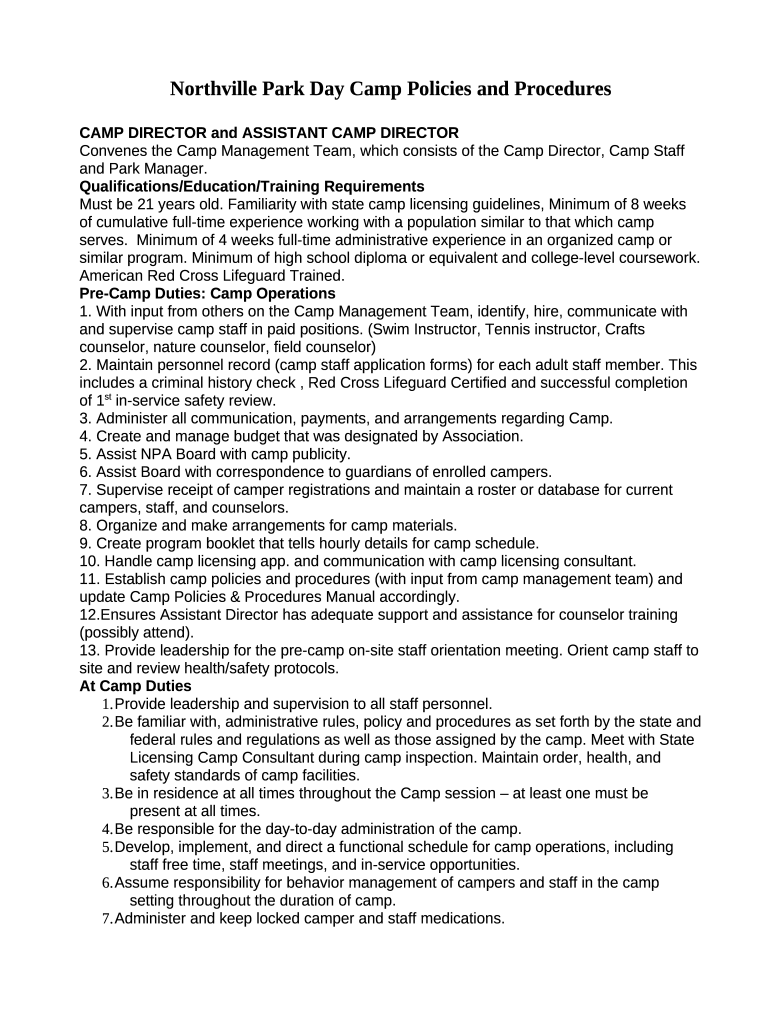 Northville Park Day Camp Policies and Procedures Doc Template | pdfFiller