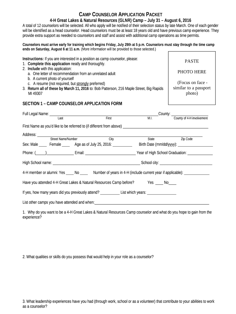 Camp Counselor Application Template Doc Template PdfFiller