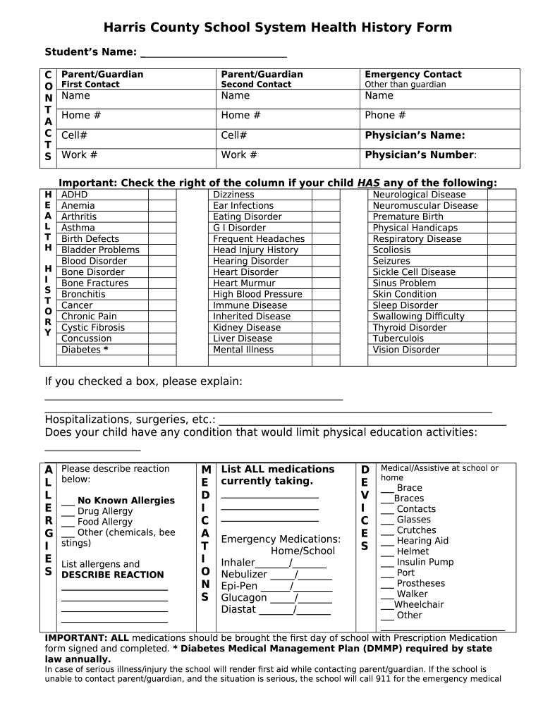Harris County School System Health History Doc Template | pdfFiller