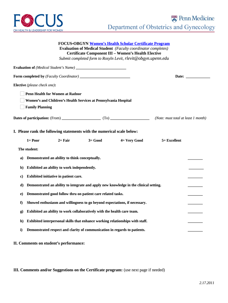 FOCUS-OBGYN Womens Health Scholar Certificate Program Doc Template | pdfFiller