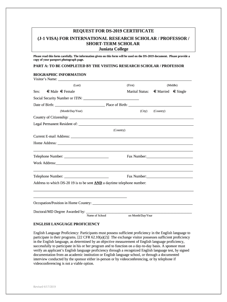 REQUEST FOR DS-2019 CERTIFICATE Doc Template | pdfFiller