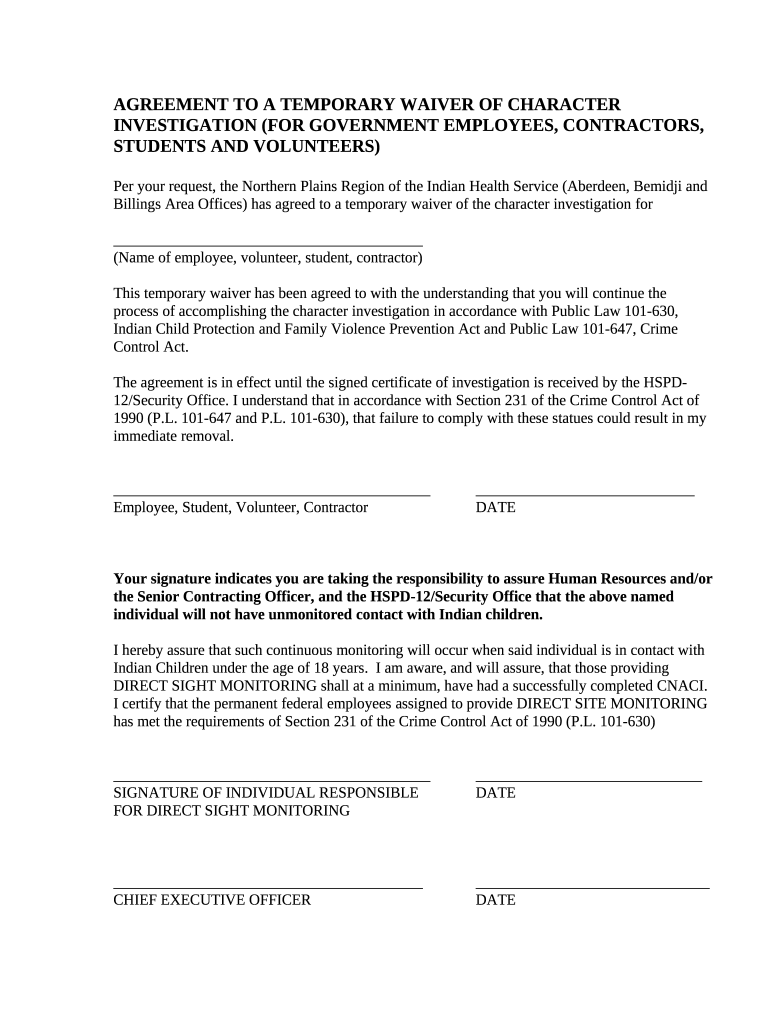 AGREEMENT TO A TEMPORARY WAIVER OF CHARACTER INVESTIGATION (FOR ...
